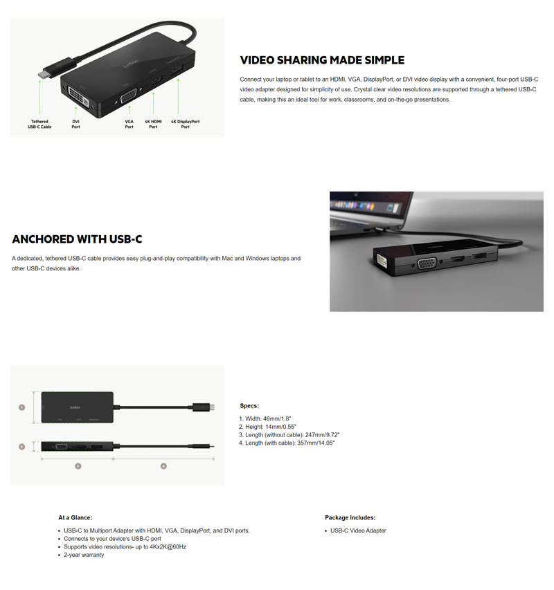BELKIN 4 PORTS VIDEO ADAPTER, USB-C TO HDMI (4K), DP(4K), VGA AND DVI ...