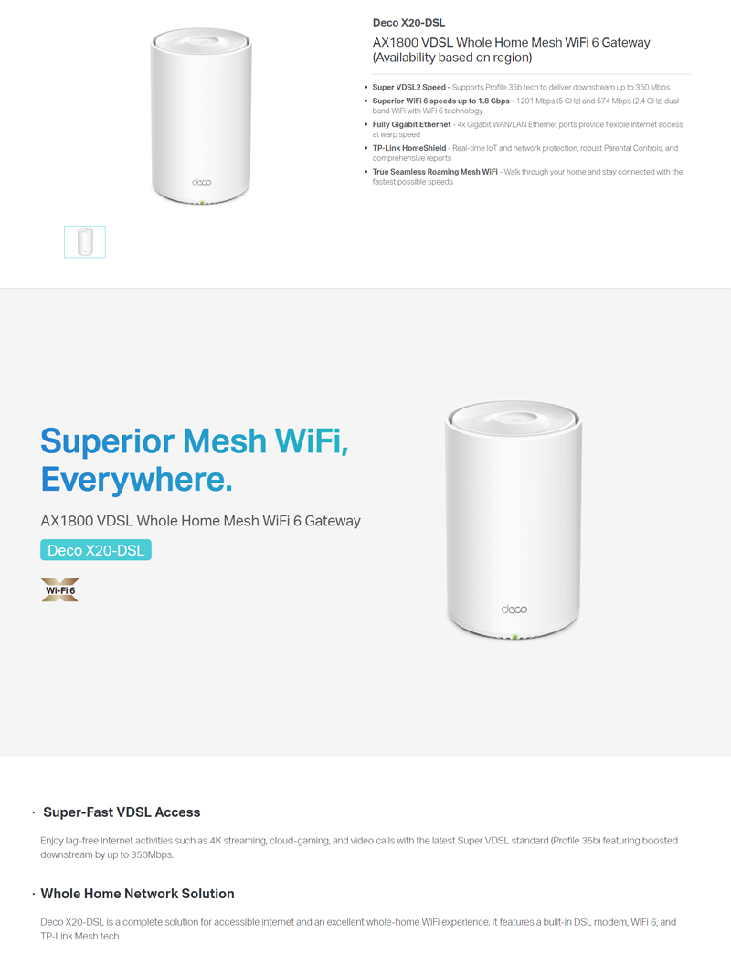 TP-Link Deco X20-DSL AX1800 VDSL Whole Home Mesh WiFi 6 Router, Up To ...