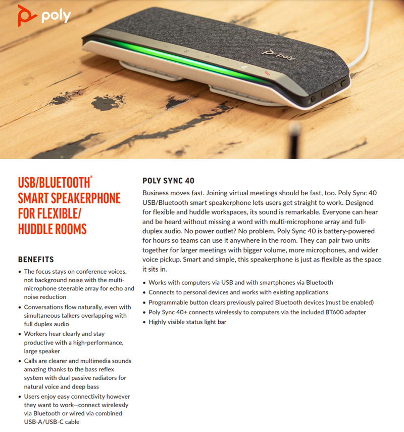 Plantronics/Poly Sync 40+, Teams, including Sync40 and BT600 Bluetooth Adapter, Touch user ...