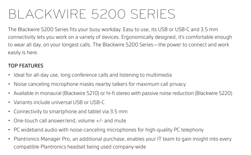 Plantronics/Poly Blackwire 5220, Headset, Standard, USB-C, 3.5mm corded ...