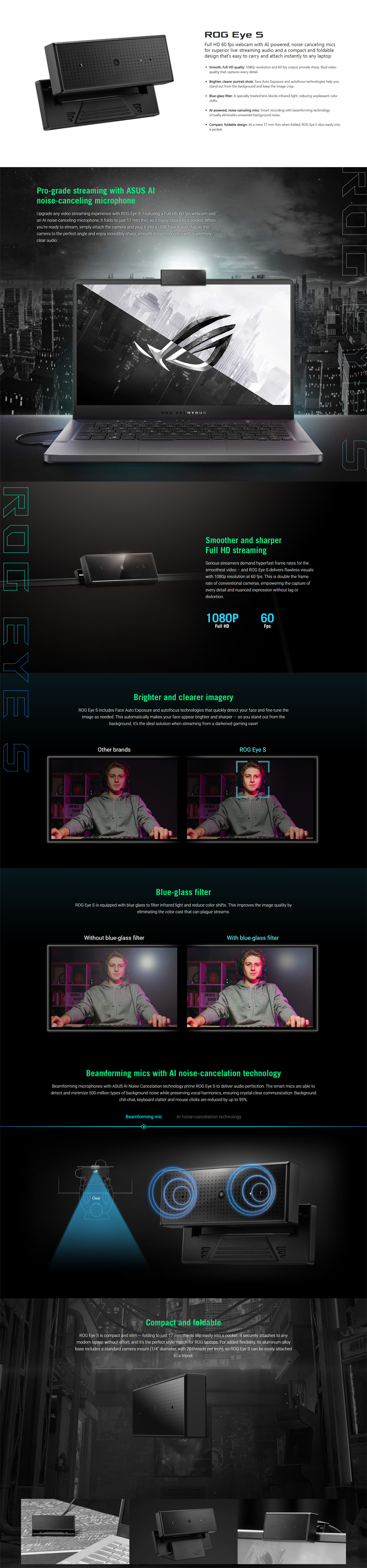 ASUS ROG EYE S Webcam Full HD 1080p 60 fps, USB2.0 AI-Powered, Noise ...