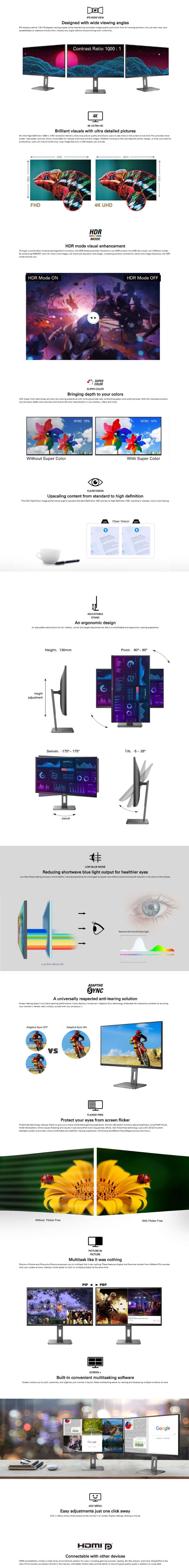 AOC 28' UHD 4K 3840 x 2160, IPS SRGB 119%, Height Adjust, Pivot ...